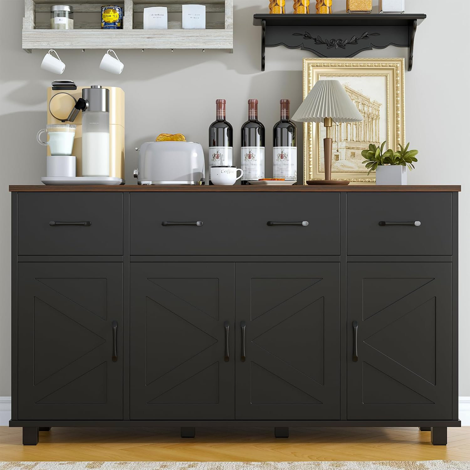 Gracie Oaks 55" Sideboard Buffet Cabinet with Drawers, Large Kitchen Cupboard with 4 Doors, 3 ...